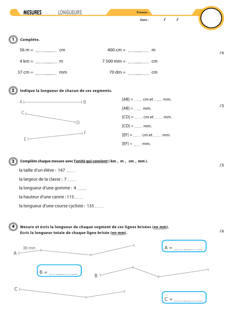 Évaluation des mesures de longueur CE2 | PDF