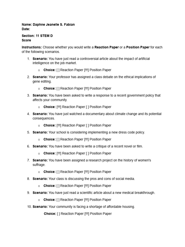 Activity - Reaction and Position Paper | PDF | Games & Activities