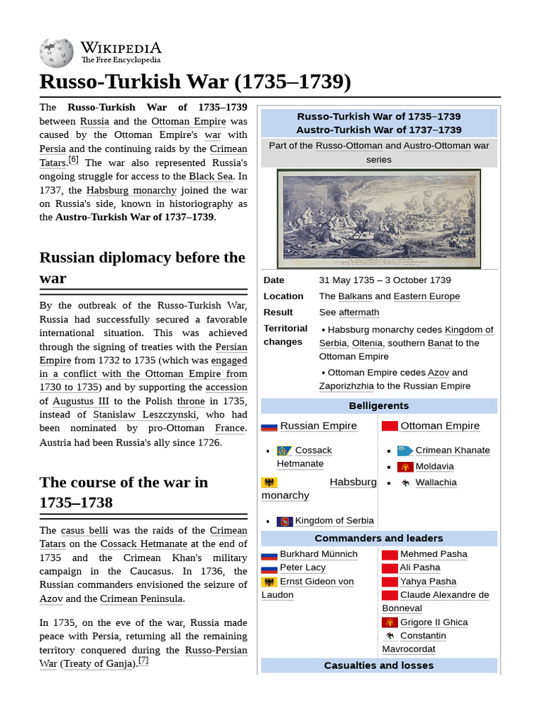 Russo-Turkish War (1735-1739) | PDF