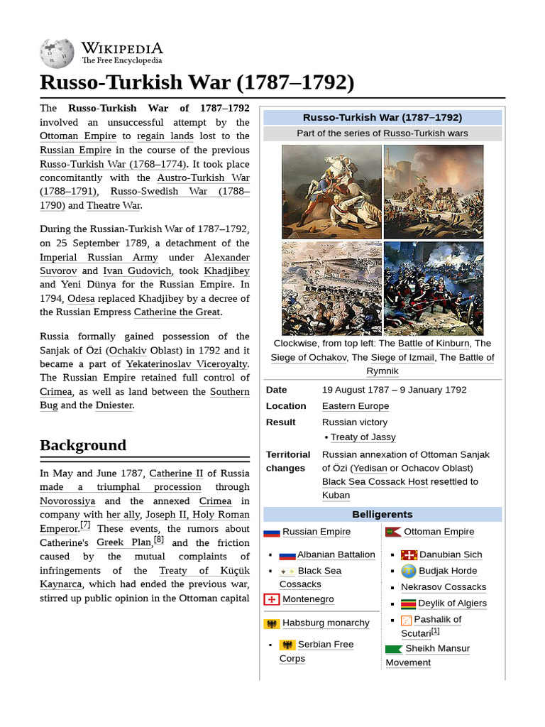 Russo-Turkish War (1787-1792) | PDF | Foreign Relations Of The Ottoman ...