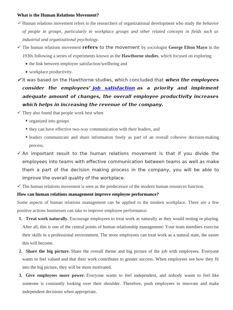 Human Relation Movement | PDF | Employment | Workplace