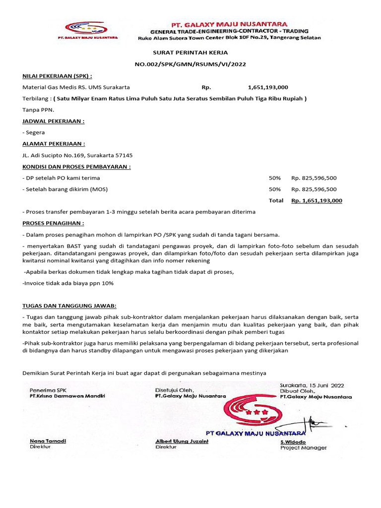 Surat Perintah Kerja Gas Medis RS UMS | PDF