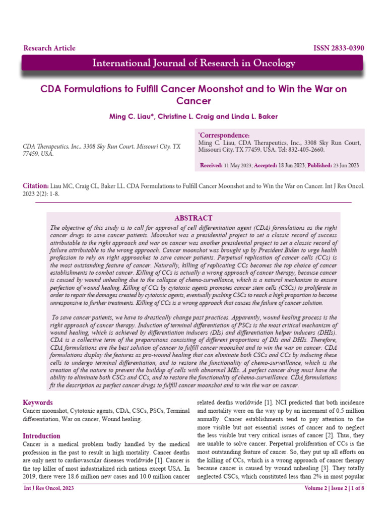 Cda Formulations To Fulfill Cancer Moonshot and To Win The War On ...