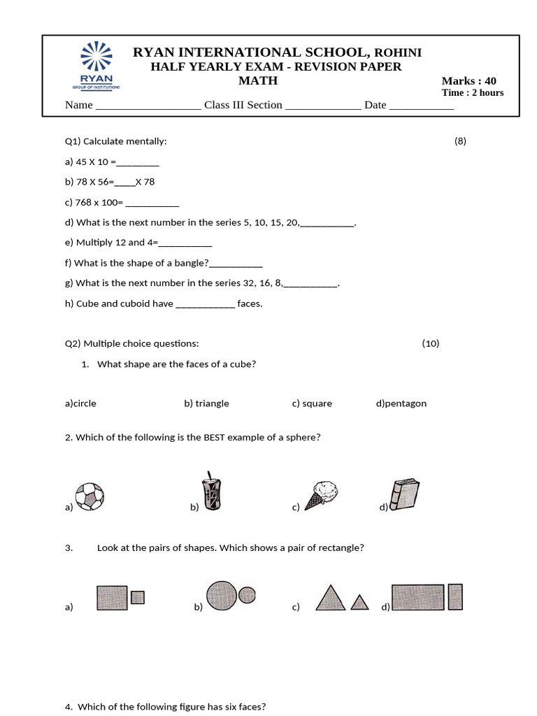 Class III - Math Revision Paper | PDF | Shape | Classical Geometry