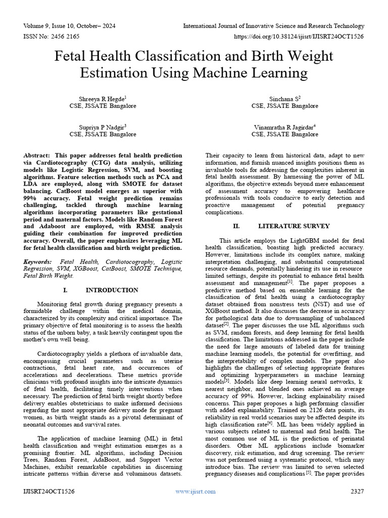 Fetal Health Classification and Birth Weight Estimation Using Machine Learning | PDF | Support ...