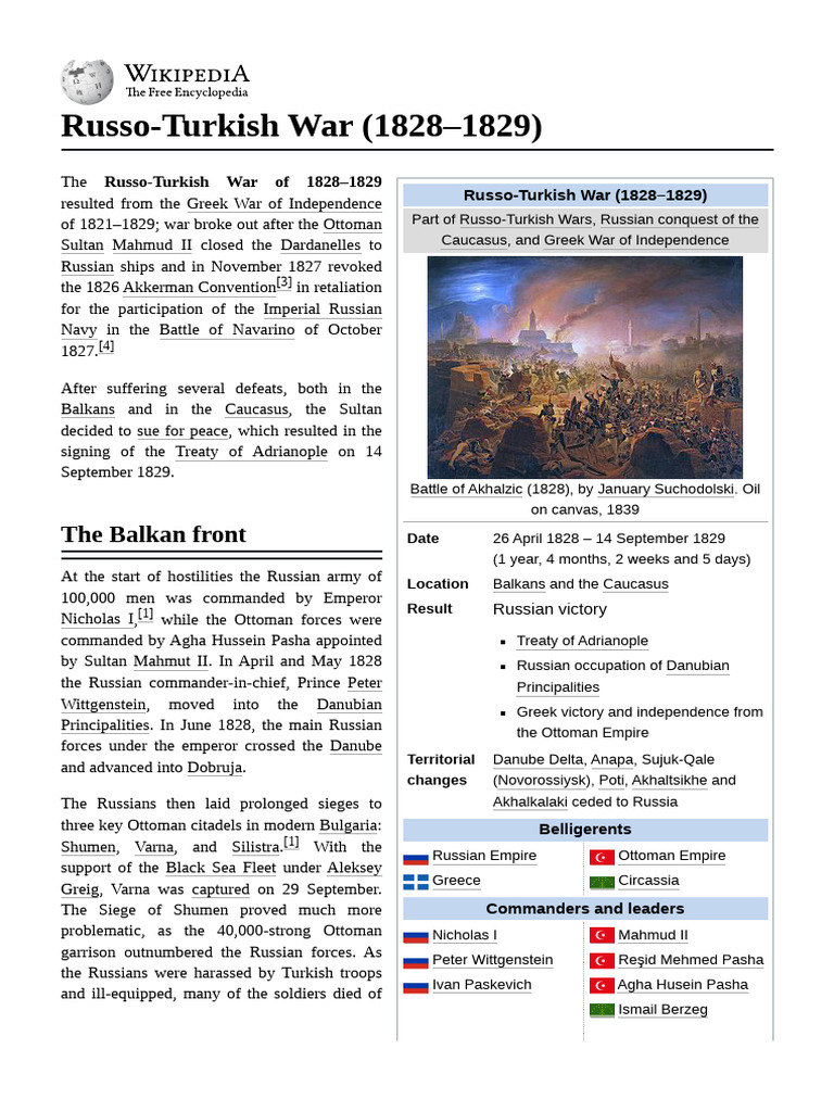 Russo-Turkish War Overview (1828-1829) | PDF | Foreign Relations Of The ...