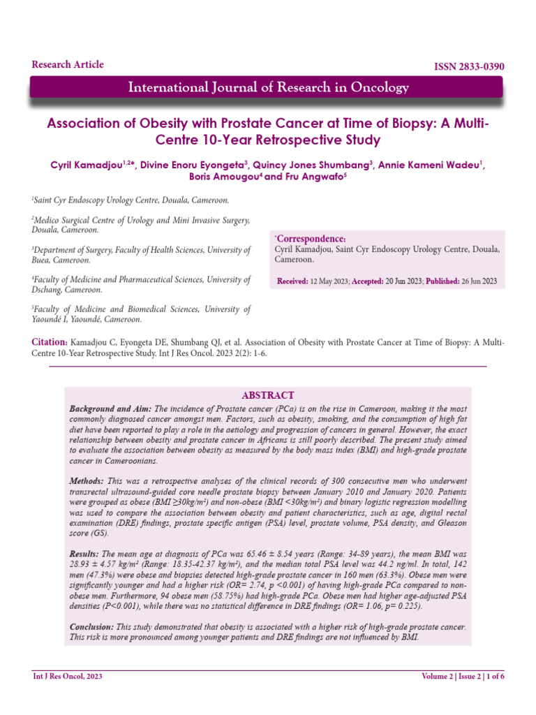 Association of Obesity With Prostate Cancer at Time of Biopsy A ...