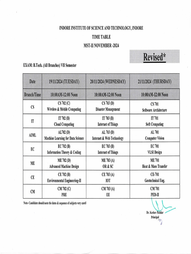 Time Table of MST-II (Nov.-2024) For B. Tech 7th Sem. Revised 11.11.24 | PDF