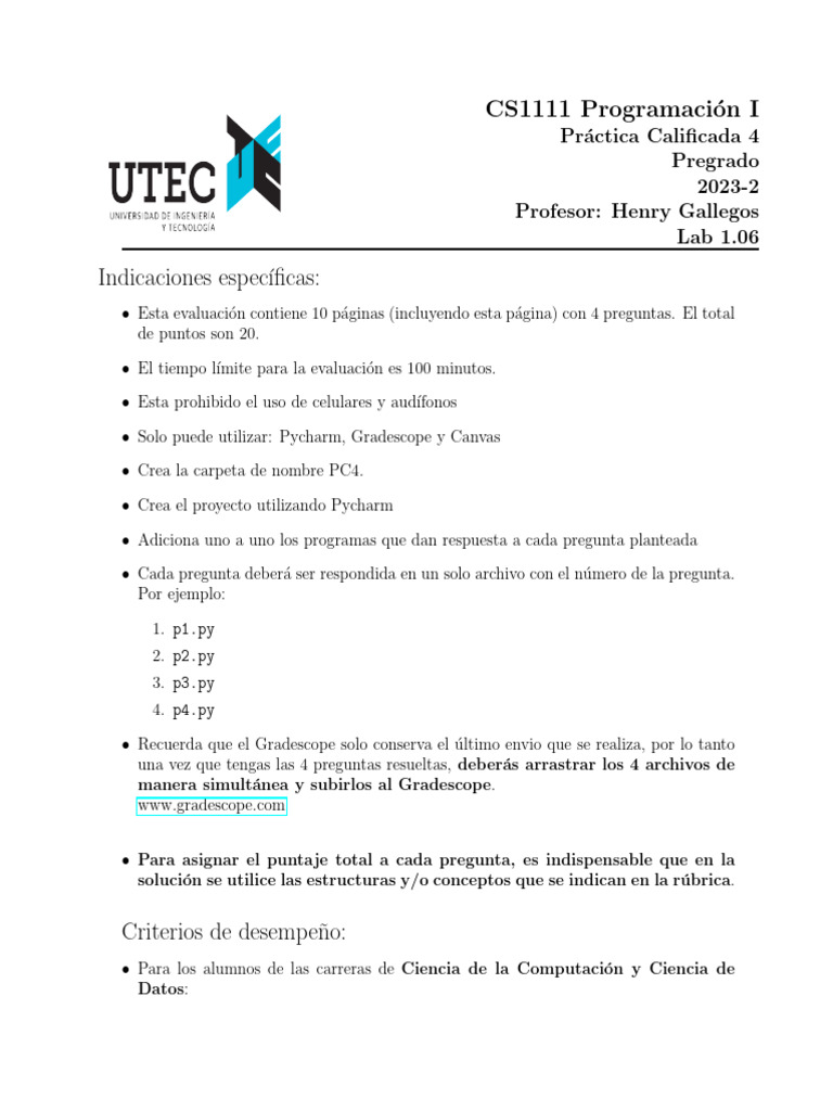 2023 2 Lab106 PC4 | PDF | Algoritmos | Multiplicación