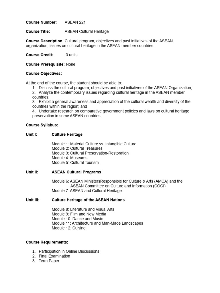 ASEAN Cultural Heritage Course Overview | PDF | Cultural Heritage ...
