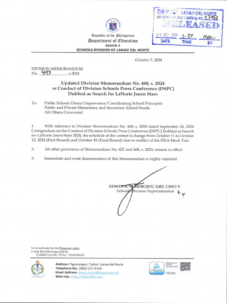 UPDATE DIVISION MEMORANDUM NO.468 S. 2024 RE CONDUCT OF DIVISION ...