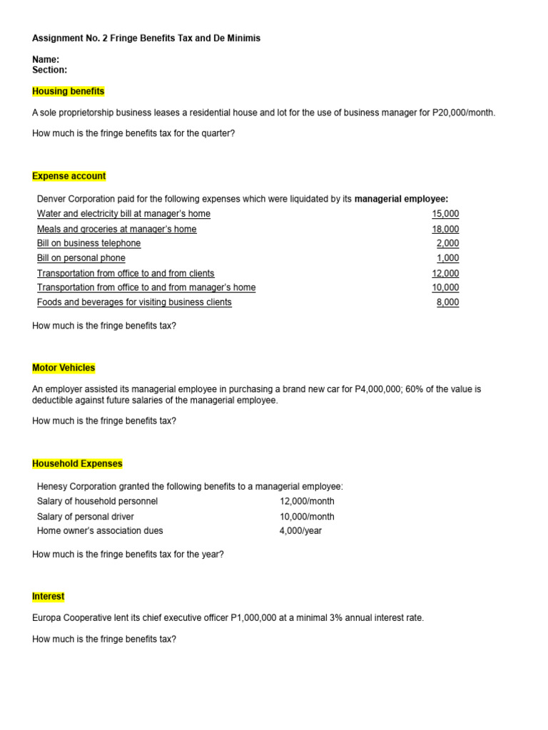 Assignment No. 2 FBT and de Minimis v09.28.2024 1 | PDF | Employee Benefits | Insurance
