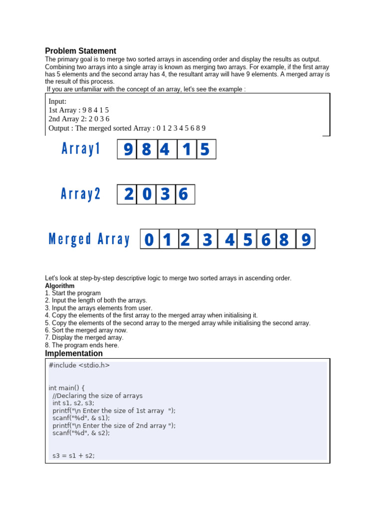 Merge Two Sorted Arrays in C | PDF