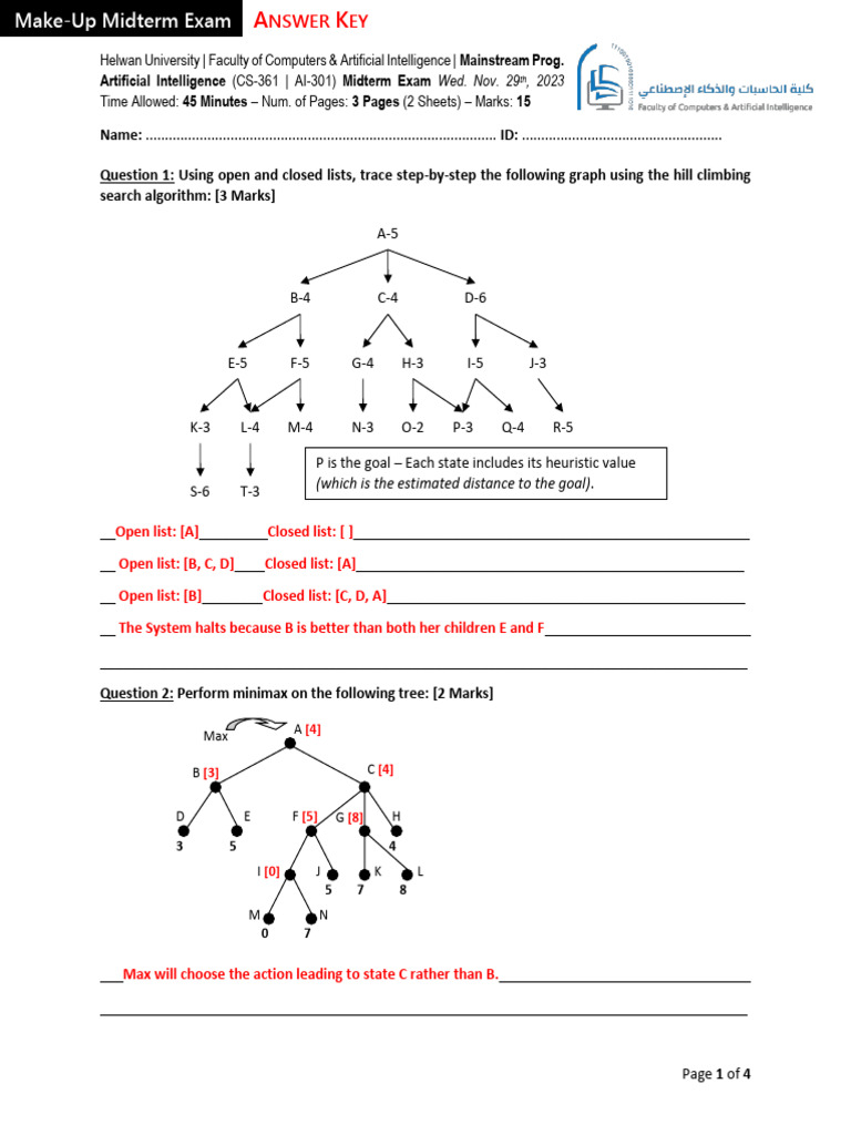 AI310 & CS361 AI (Make-Up) Midterm Exam (Fall 2023) ANSWER KEY | PDF ... AI310 & CS361 AI (Make-Up) Midterm Exam (Fall 2023) ANSWER KEY | PDF ...