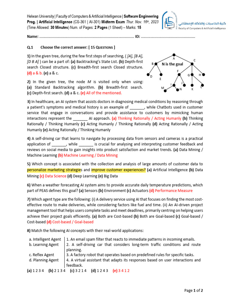 AI310 & CS361 AI (SEProg + MedInfoProg) Midterm Exam (Fall 2023) ANSWER KEY | PDF | Machine ...