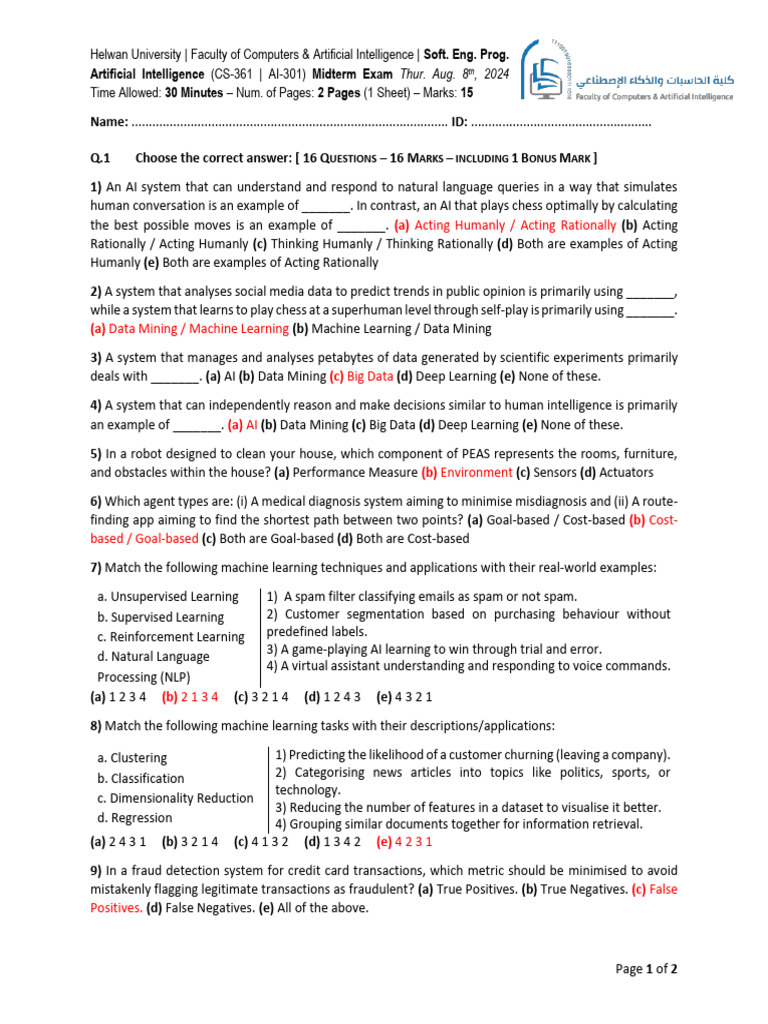 AI310 & CS361 AI (SEP) Midterm Exam (Summer 2024) ANSWER KEY | PDF | Artificial Intelligence ...