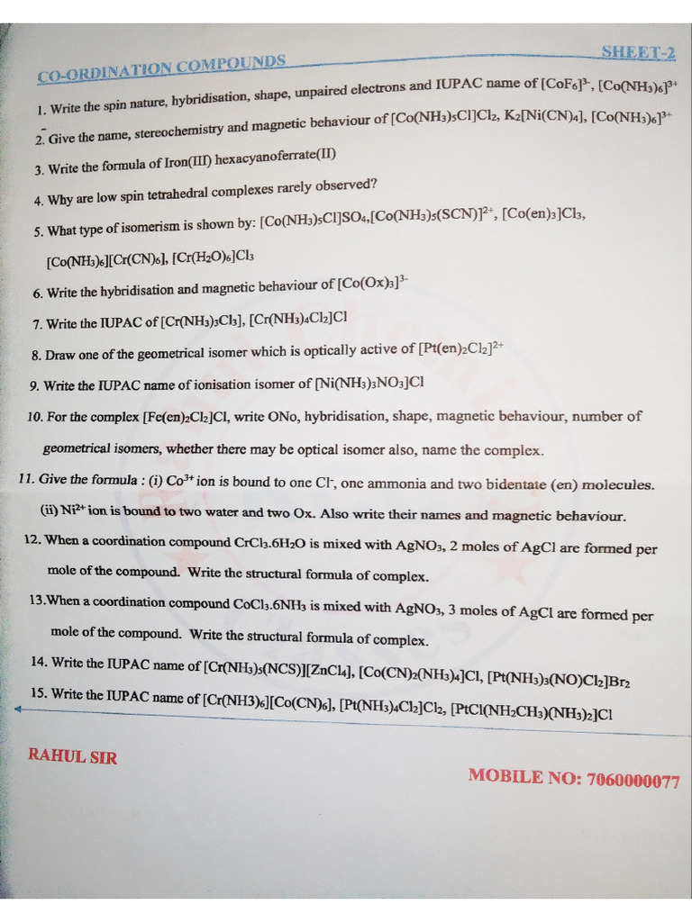 Coordination Compounds Sheet | PDF
