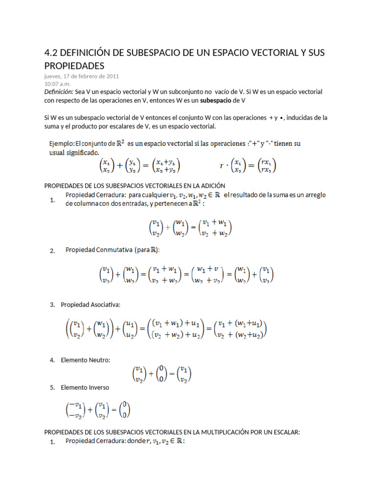 4 2 Definicion de Subespacio de Un Espacio Vectorial y Sus Propiedades | PDF