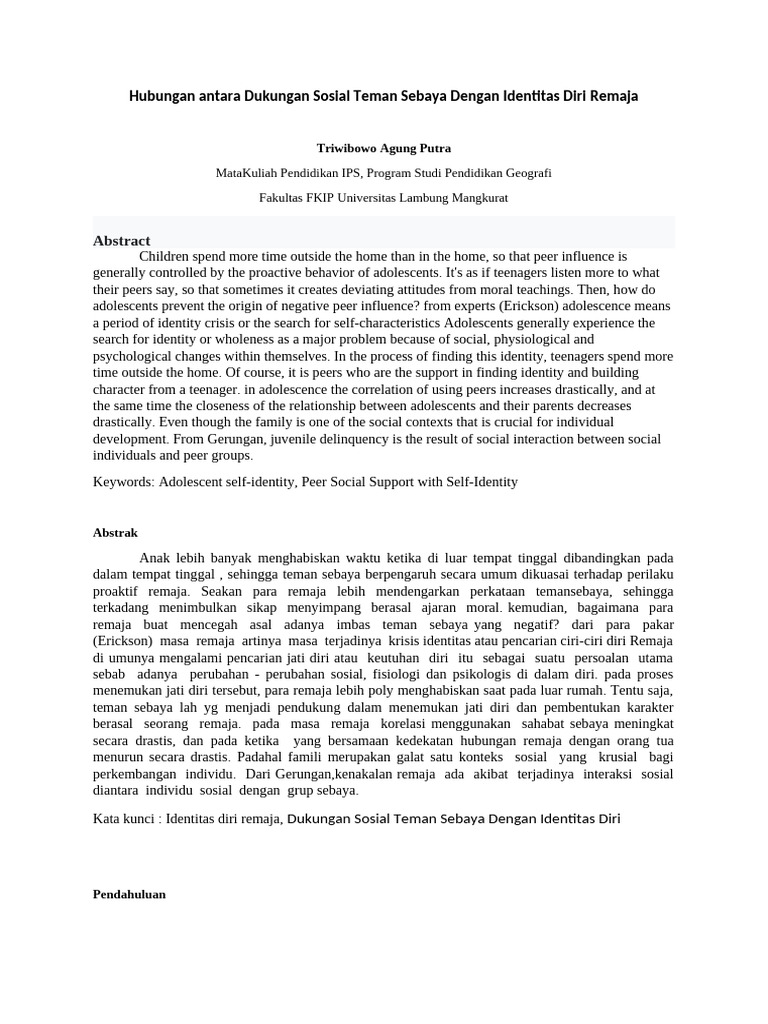 Hubungan Antara Dukungan Sosial Teman Sebaya Dengan Identitas Diri Remaja | PDF | Sains & Matematika