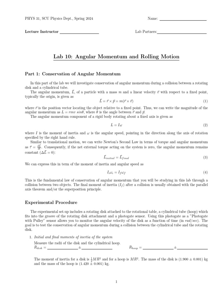 Lab 10 - Angular Momentum and Rolling Motion | PDF | Angular Momentum ...