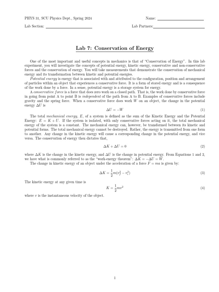 Energy Conservation Lab Experiment | PDF | Force | Potential Energy
