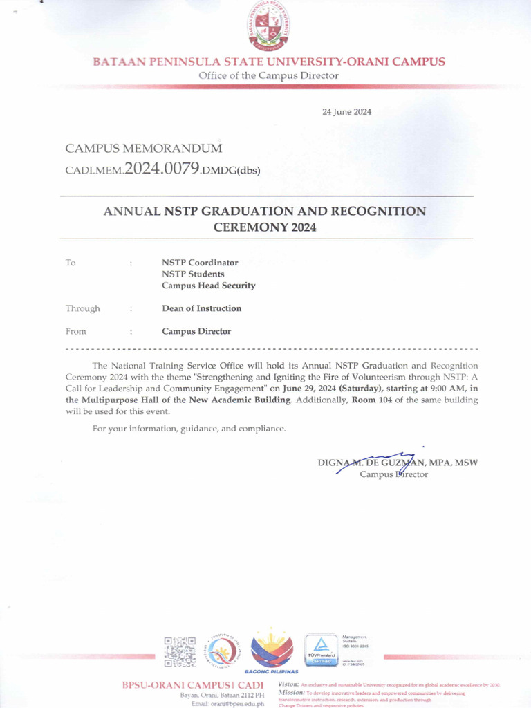 Campus Memorandum 0079-Annual NSTP Graduation and Recognition Ceremony ...