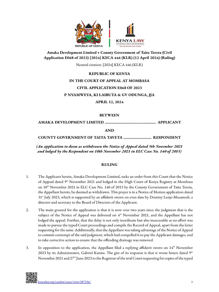 Amaka Development Limited V County Government of Taita Taveta (Civil Application E068of2023 ...