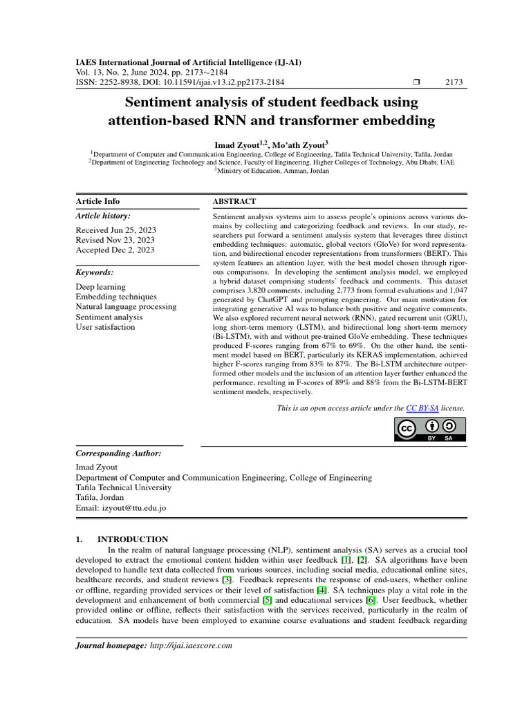 Sentiment Analysis of Student Feedback Using Attention-Based RNN and Transformer Embedding | PDF ...
