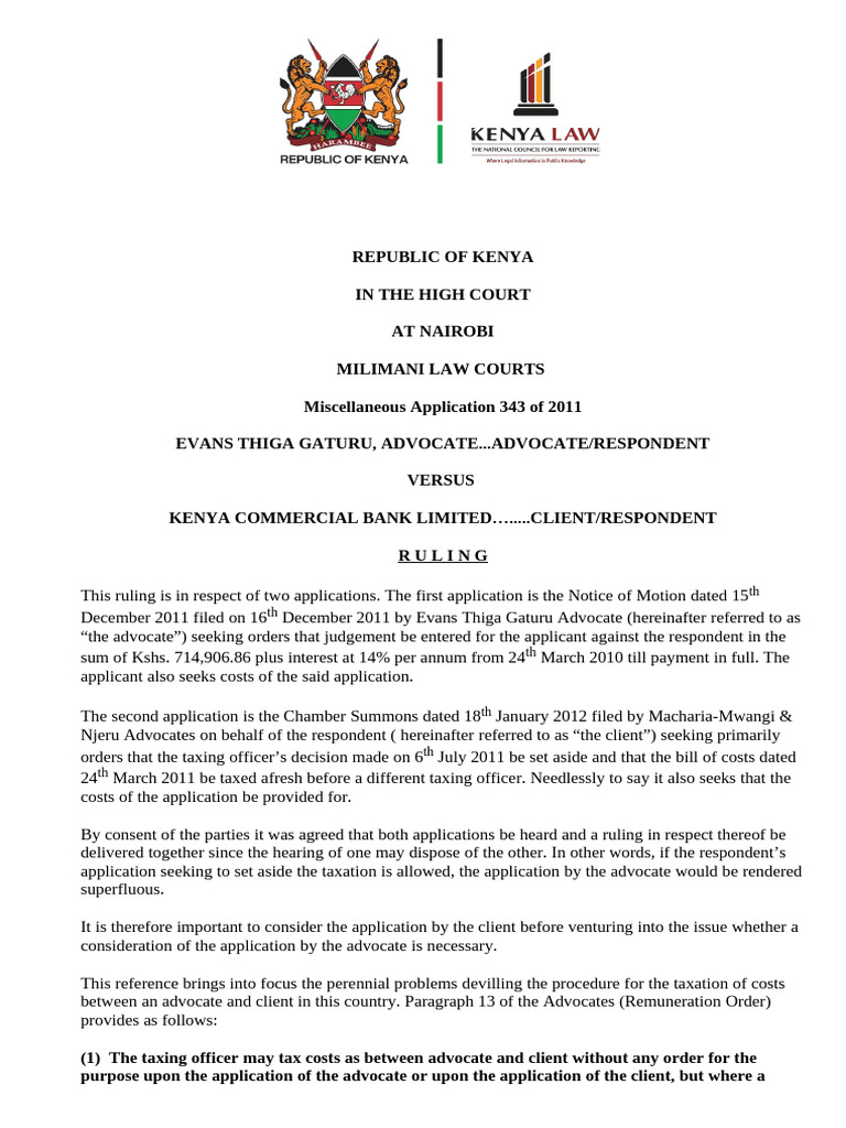 EVANS THIGA GATURU ADVOCATE V KENYA COMMERCIAL BANK LIMITED (Miscellaneous Application 343of2011 ...