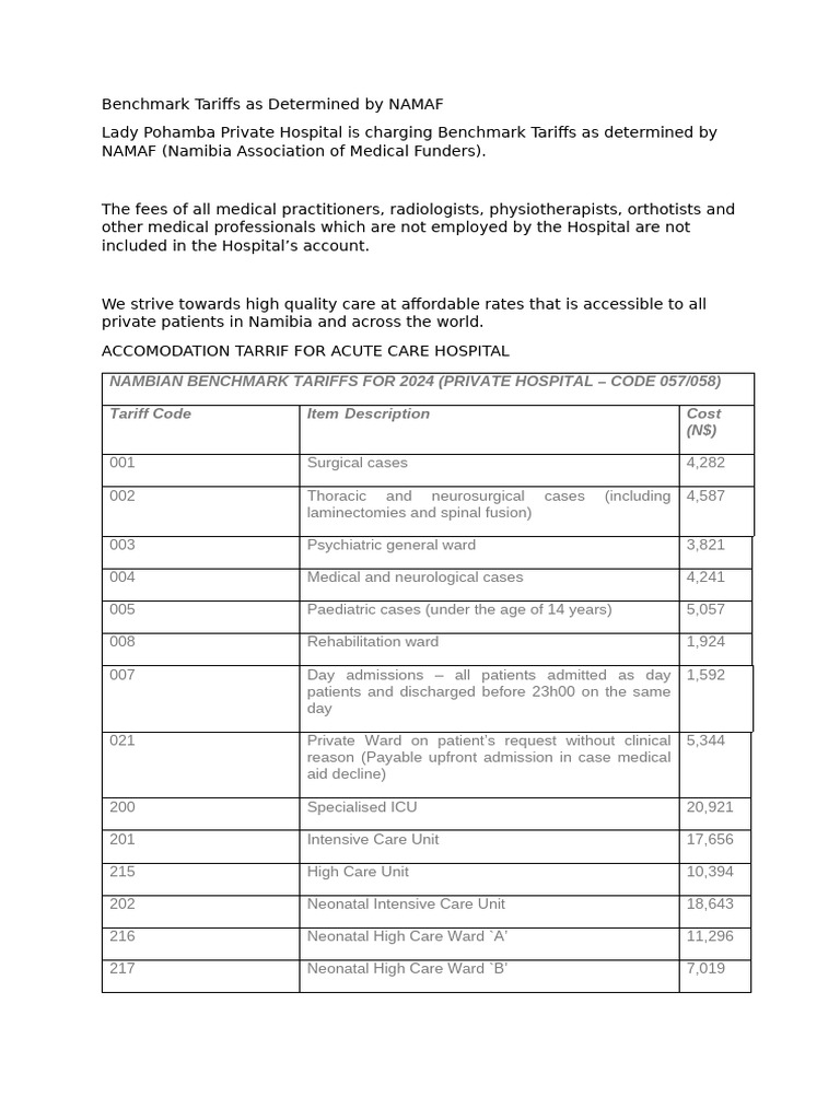 NAMAF Benchmark Tariffs 2024 Overview | PDF | Hospital | Intensive Care ...
