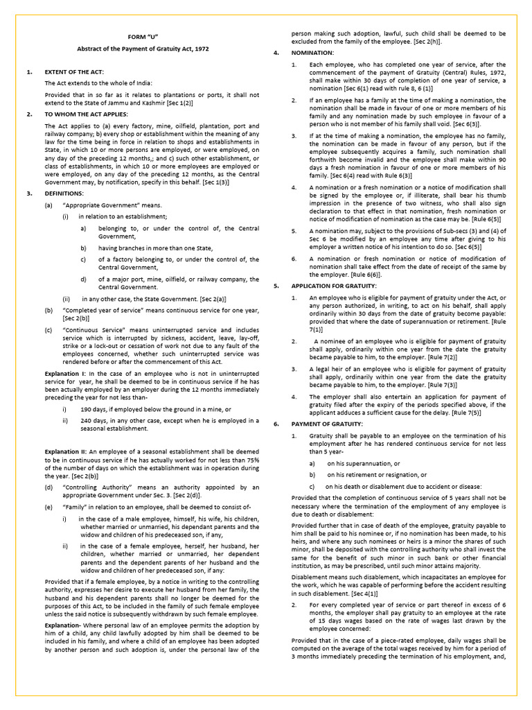 FORM U Abstract Under The Payment of Gratuity Act, 1972 | PDF ...