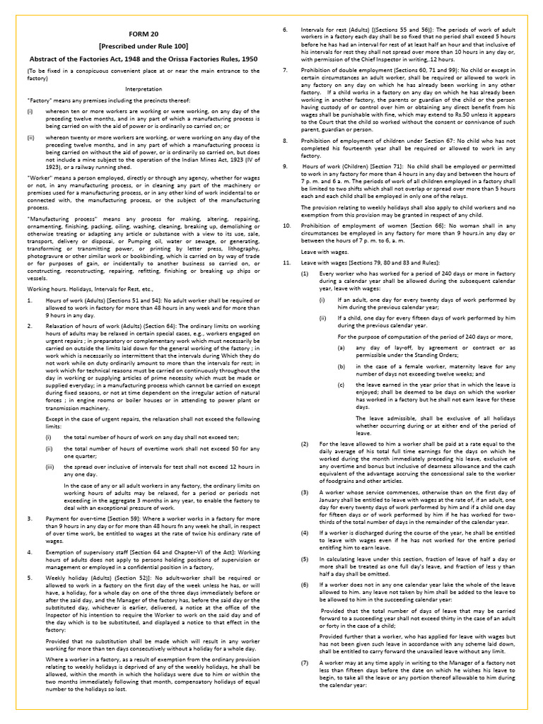 FORM No. 20 Abstract Under The Orissa Factories Rules, 1950 | PDF | Overtime | Employment
