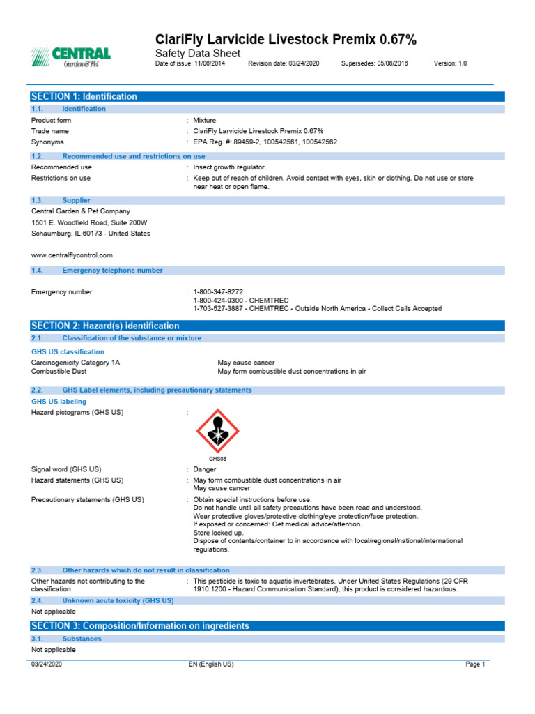 ClariFly Larvicide SDS for Livestock | PDF | Firefighting | Toxicity