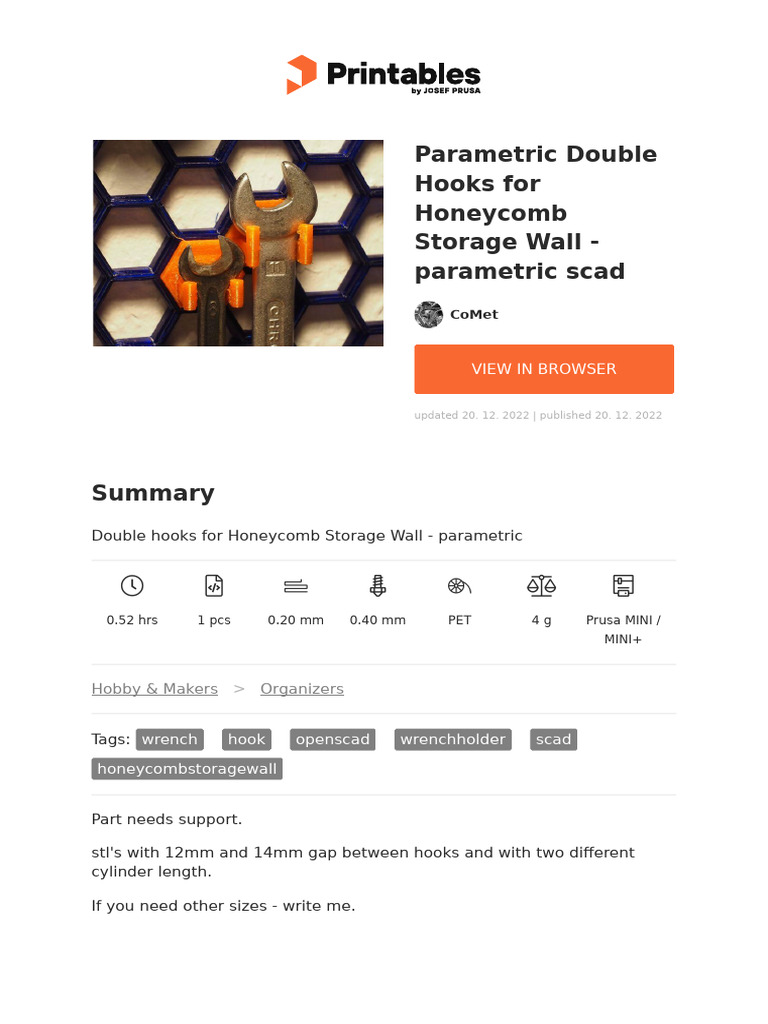 Parametric Double Hooks For Honeycomb Storage Wall Parametric Scad | PDF | Home & Garden ...