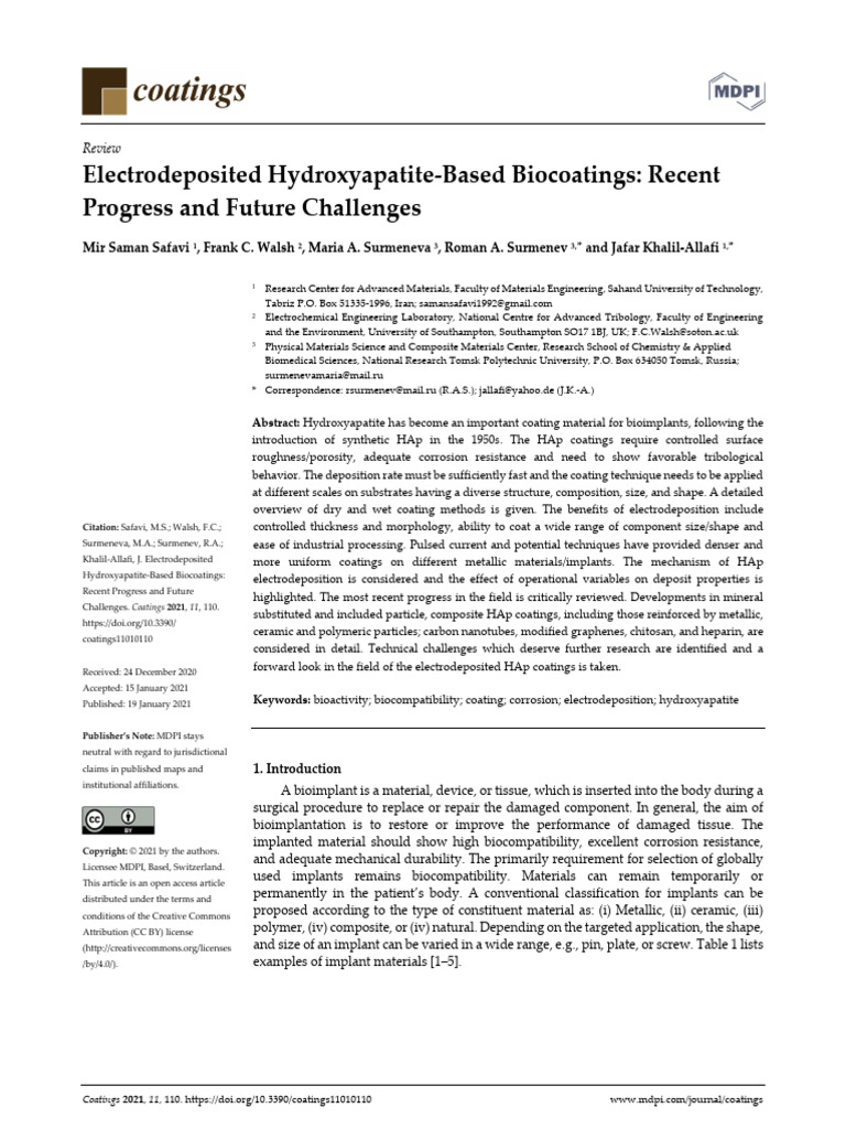 Electrodeposited Hydroxyapatite-Based Biocoatings | PDF | Implant ...