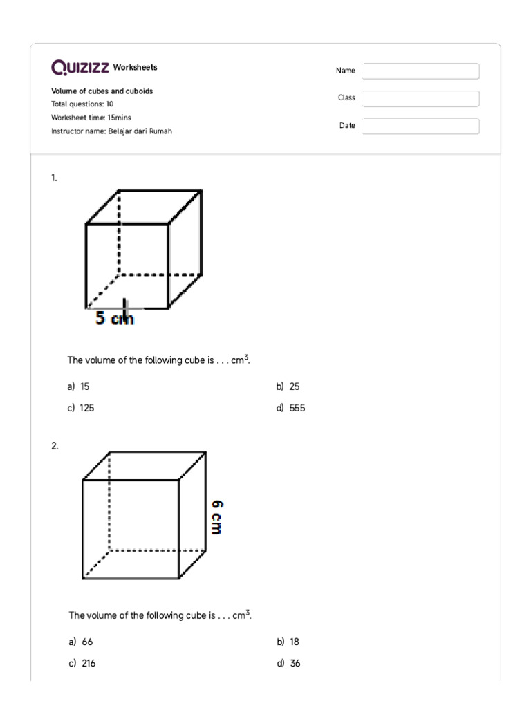 Volume Worksheets for Cubes & Cuboids | PDF