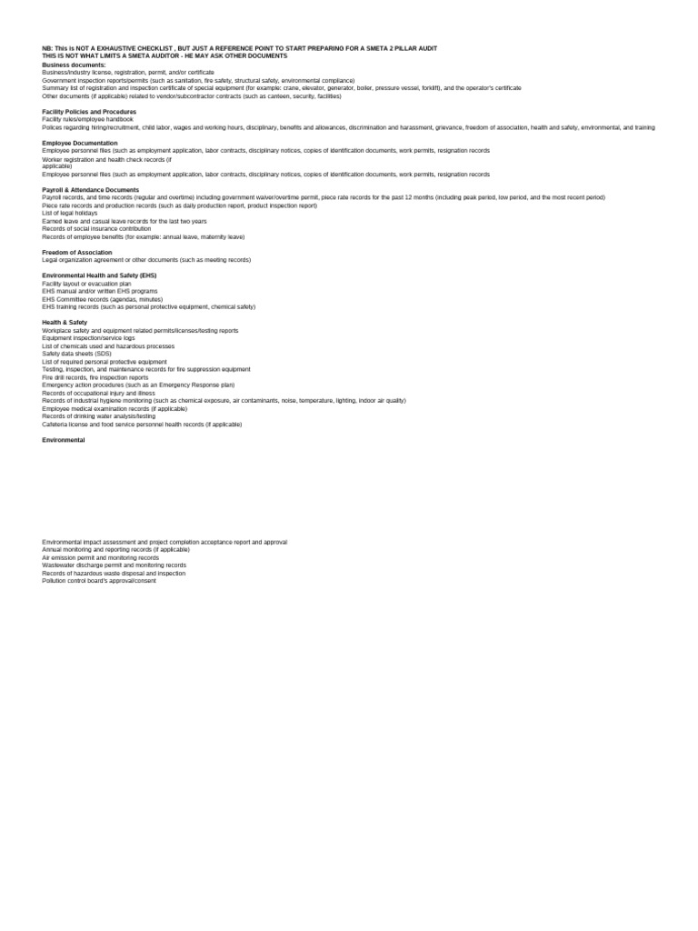 Sedex Audit Checklist Nonexhaustive | PDF | Occupational Safety And ...