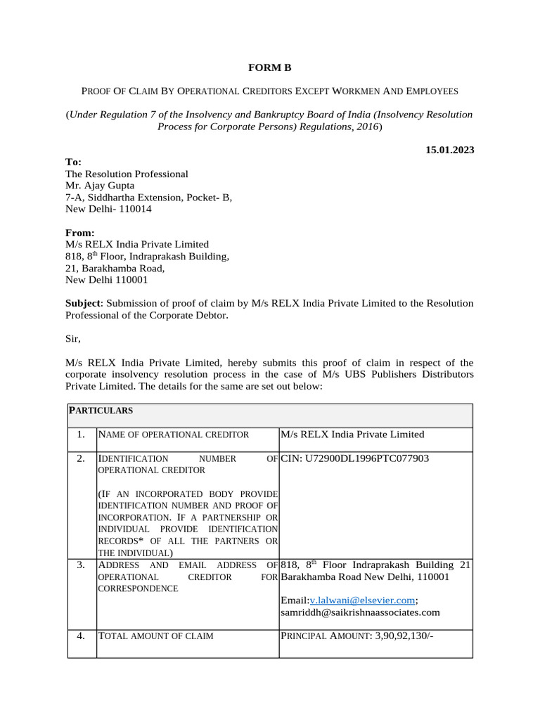 UBS - Form - B - Elseiver Final (002) - S&A | PDF | Bankruptcy | Insolvency