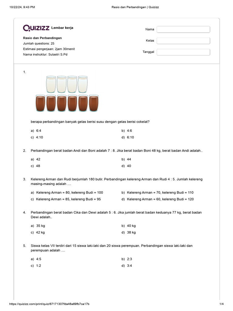 Soal Rasio Dan Perbandingan - Quizizz | PDF
