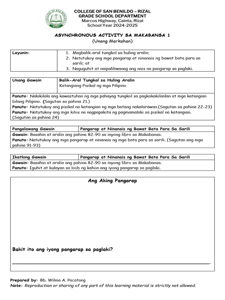 Asynchronous Activity Sa Makabansa 1: (Unang Markahan) | PDF