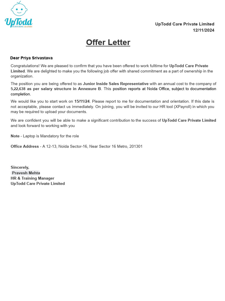 Offer Letter - Priya Srivastava | PDF | Salary | Employment