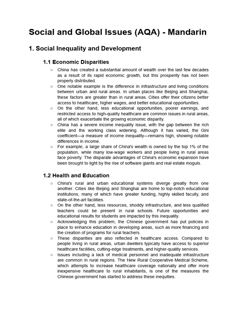 Social and Global Issues (AQA) - Mandarin | PDF | Economic Inequality ...