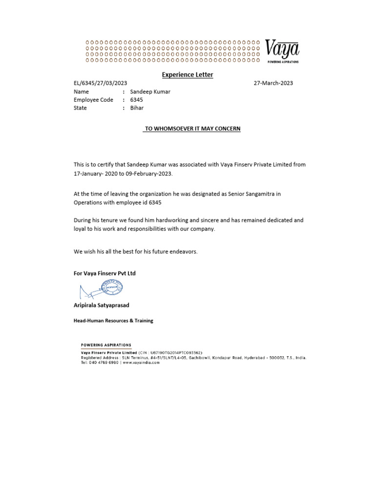 Experience & Relieving Letter for Sandeep Kumar | PDF | Career & Growth