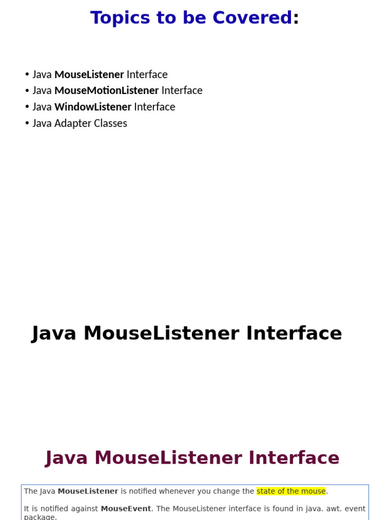Java Mouse and Window Listeners Guide | PDF | Computer Programming | Graphical User Interfaces