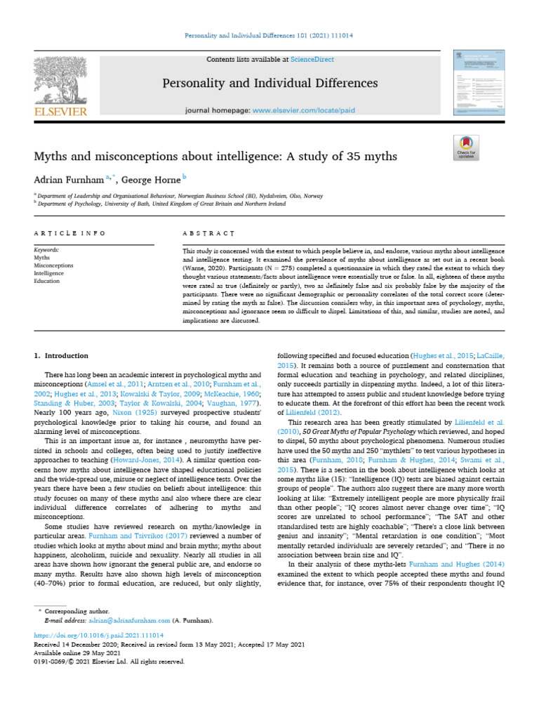 Myths and Misconceptions About Intelligence: A Study of 25 Myths | PDF ...
