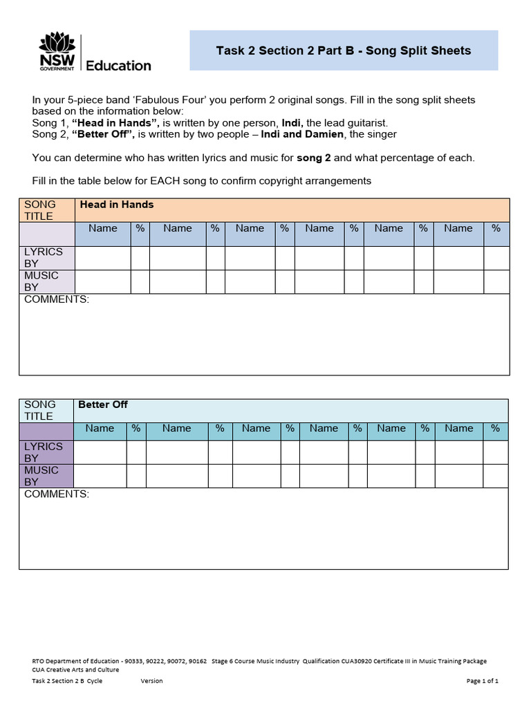 Task 2 Section 2 Part B - Song Split Sheets | PDF