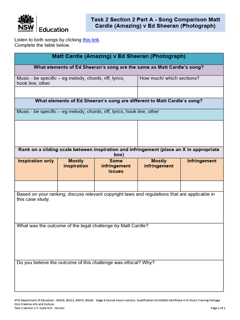 Task 2 Section 2 Part A - Song Comparison Matt Cardle (Amazing) V Ed Sheeran (Photograph) | PDF