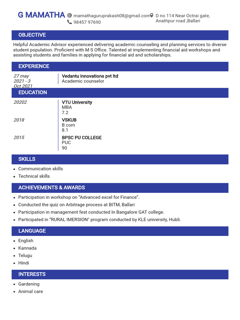 G Mamatha: Objective | PDF | Career & Growth | Business