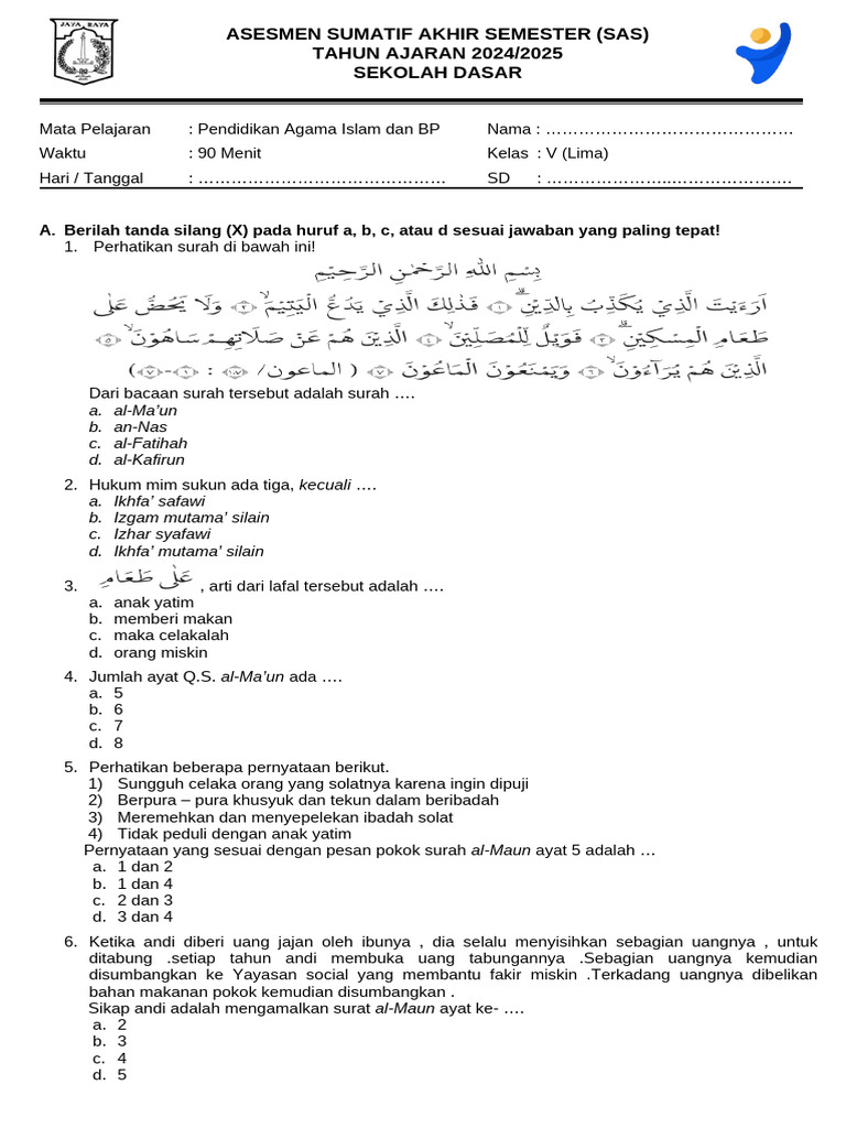 NASKAH SOAL SAS KELAS 5 - Pai | PDF
