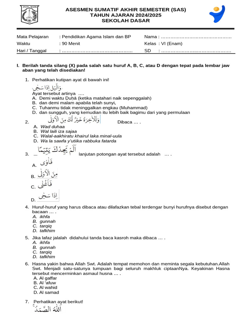 NASKAH SOAL SAS KELAS 6 - Pai | PDF